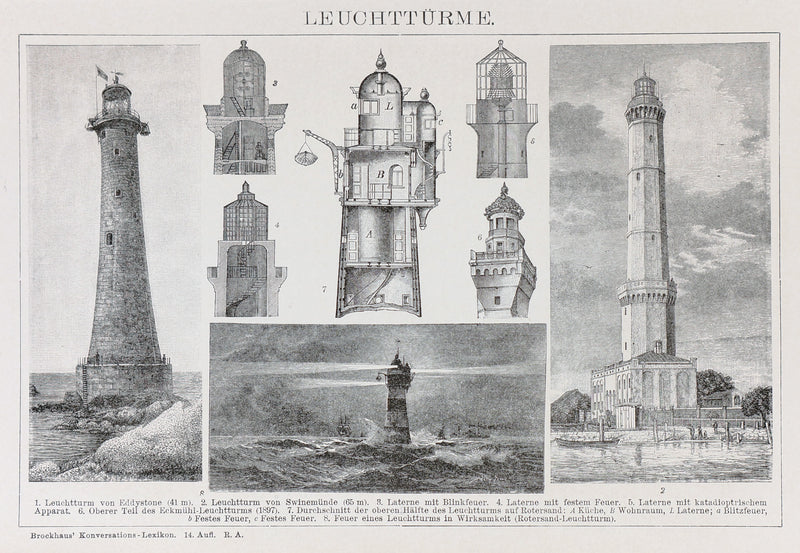 Authentic Vintage Antique Print | Lighthouses, Antique Engraving