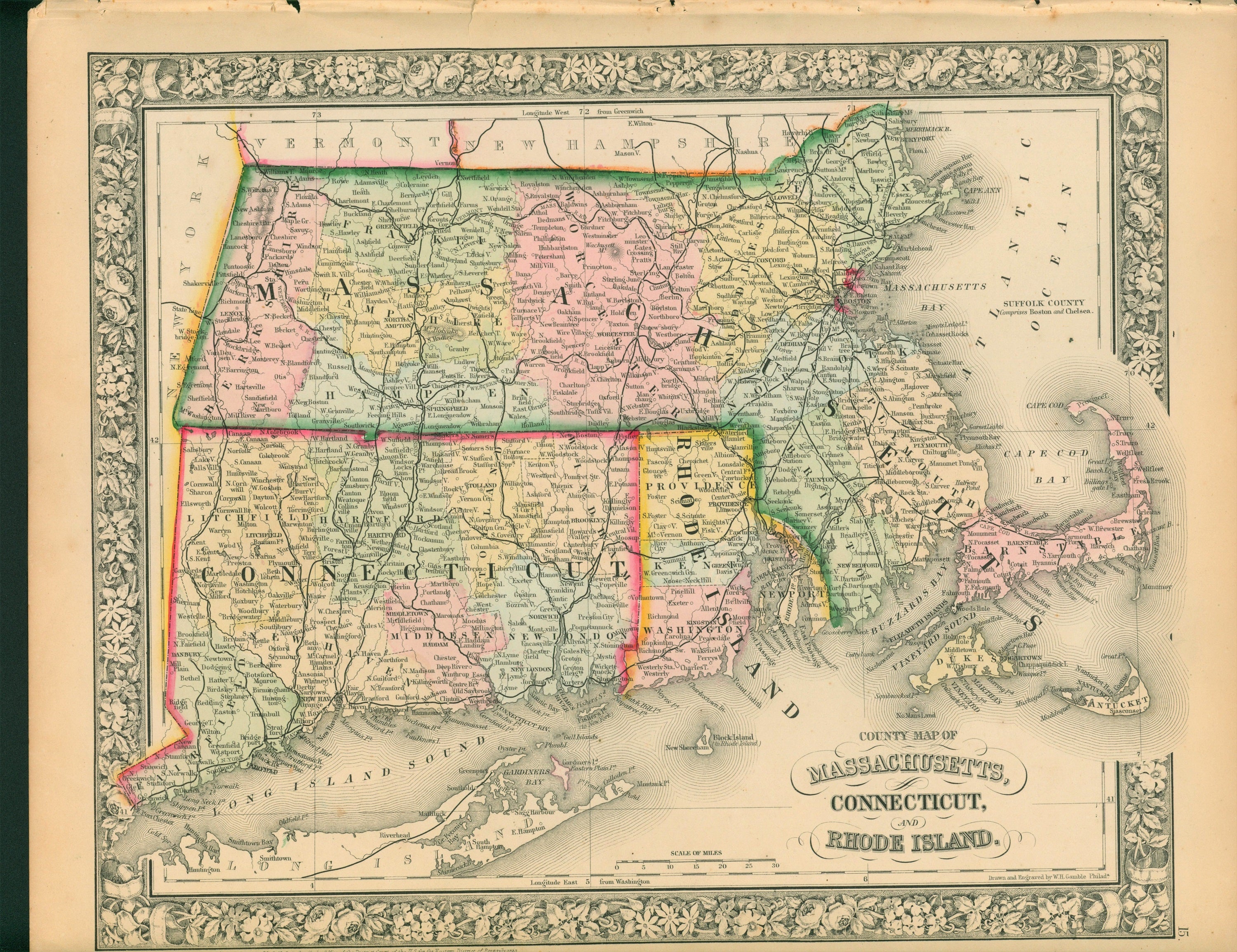 Massachusetts, Connecticut, Rhode Island- Antique Map- Original Antique ...